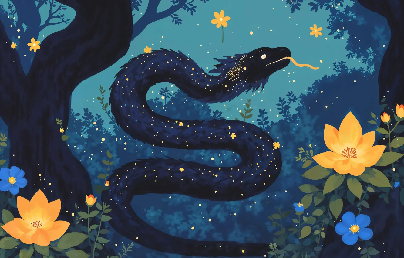 Wallpaper face, flowers, night, pose, dragon, snake, fantasy, AI art ...