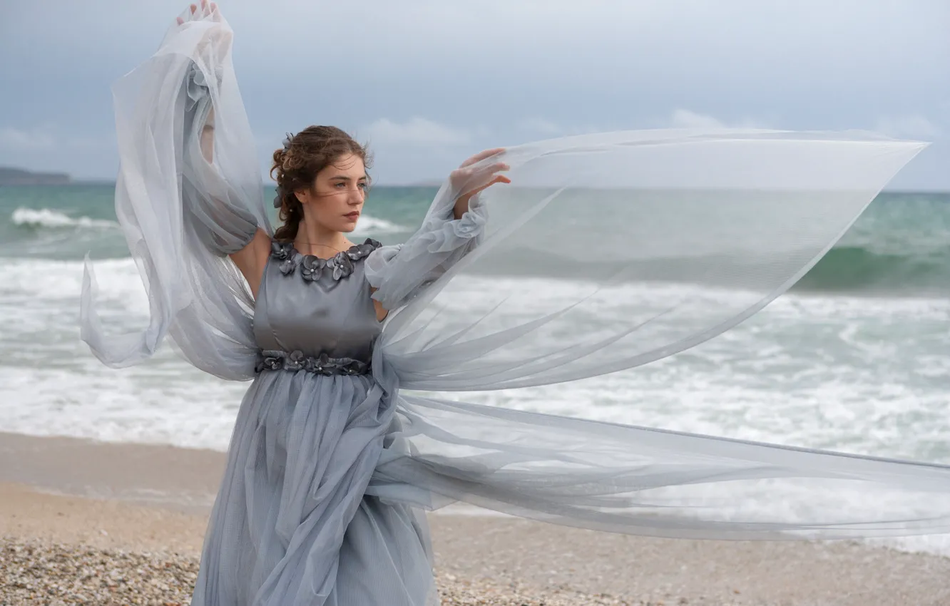 Wallpaper sea, look, girl, shore, dress, brown hair for mobile and ...