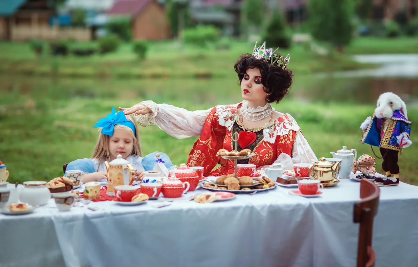 Wallpaper look, girl, pose, table, rabbit, Alice, the tea party, girl ...