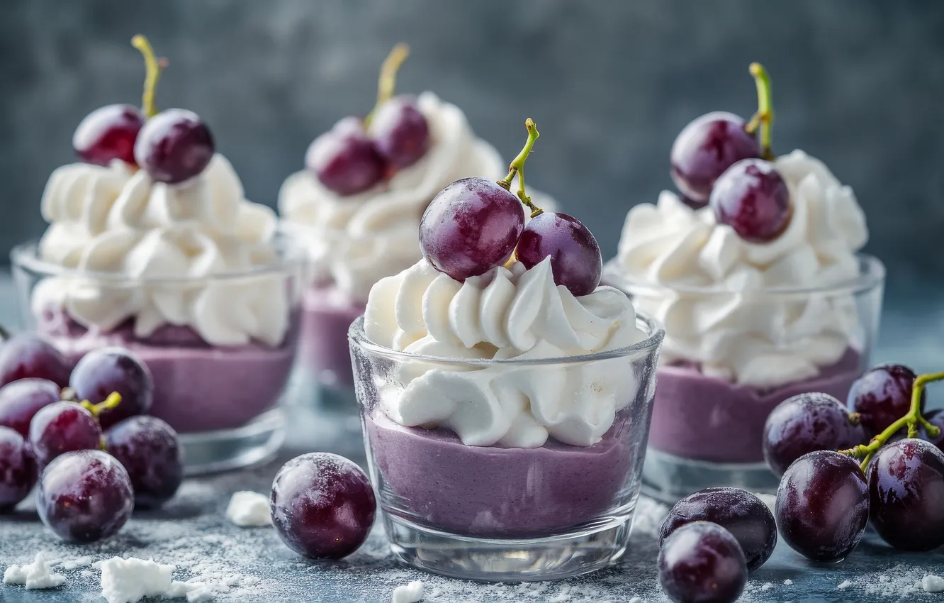 Wallpaper berries, table, glasses, grapes, ice cream, glasses, placer ...