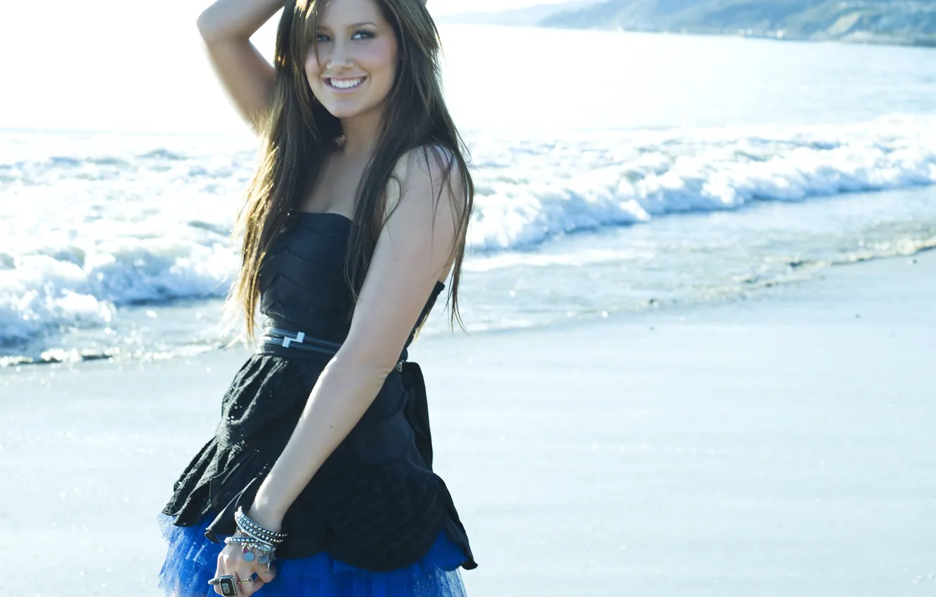 Wallpaper sea, beach, smile, dress, brunette, Ashley Tisdale, Ashley ...