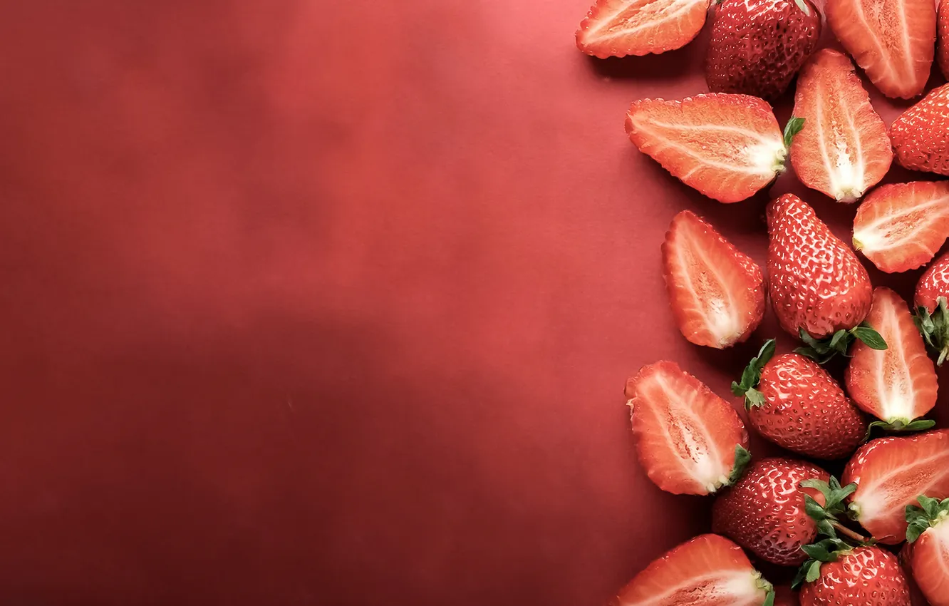 Wallpaper berries, texture, strawberry, red background, halves, AI art ...