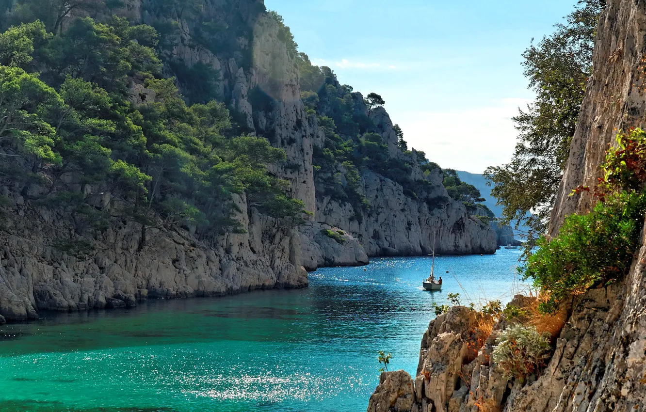 Wallpaper sea, trees, rocks, shore, boat, France, Sunny, Provence for ...