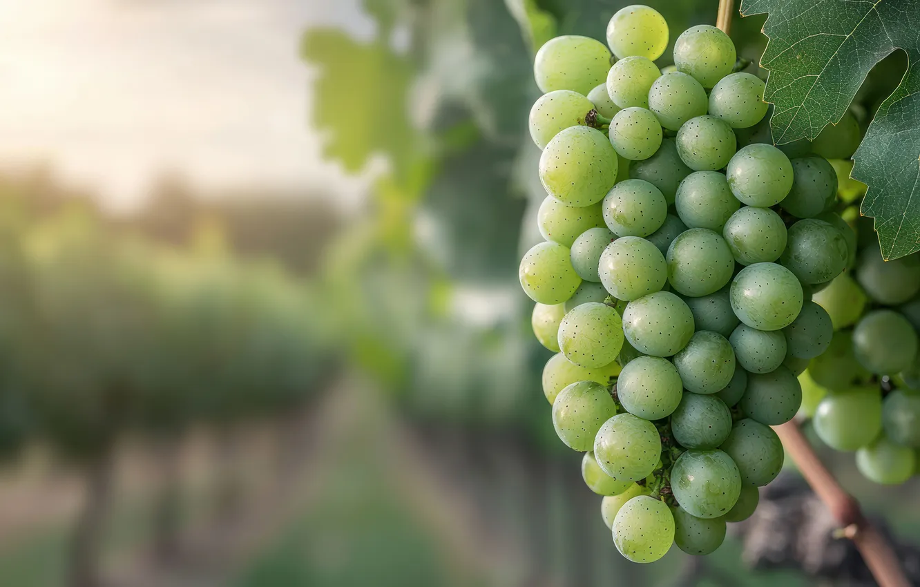 Wallpaper leaves, green, grapes, vineyard, hanging, bokeh, bunch of grapes, AI art for mobile ...