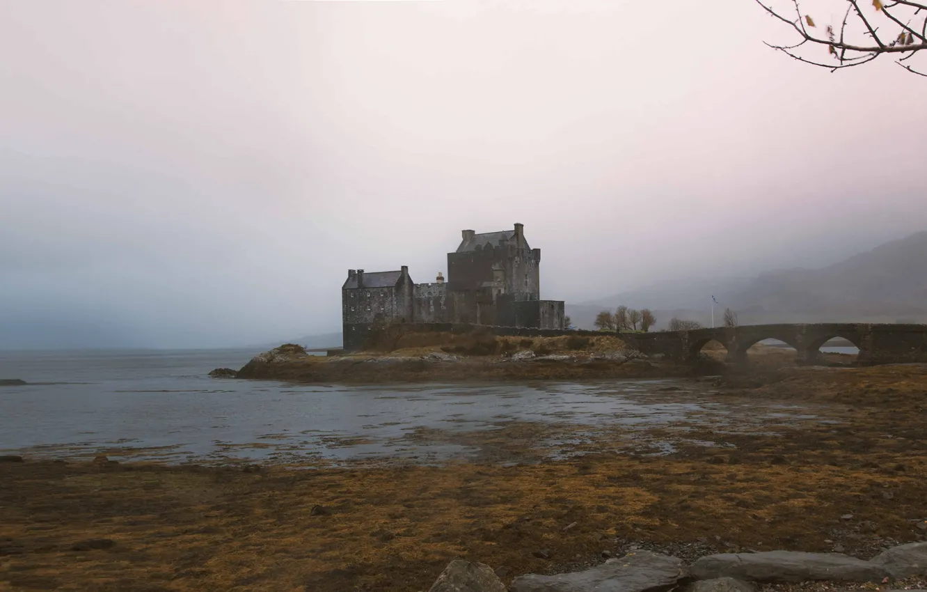 Wallpaper sea, bridge, seascape, mountains, fog, flag, castle, mist for ...