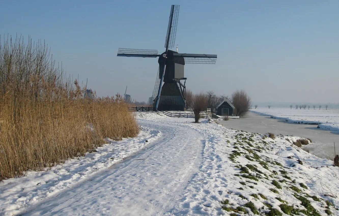 Wallpaper snow, holland, kinderdijk, winter landscape, cold temperature ...