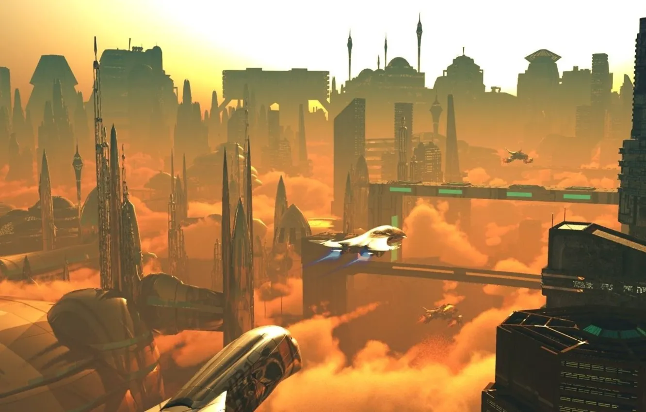 Wallpaper city, sky, clouds, spaceship, planet, towers, megapolis, real ...