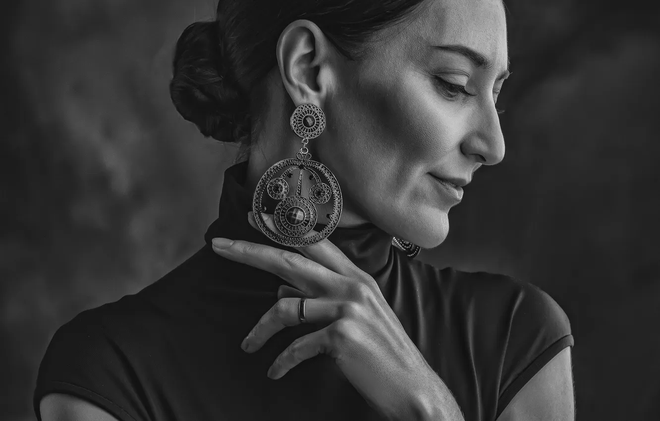 Wallpaper girl, model, black and white, earrings, Sergey Borisov for ...