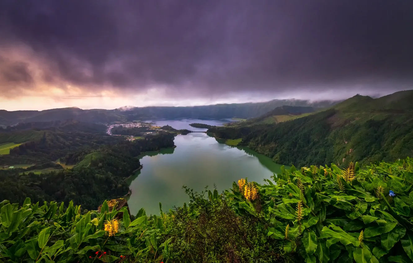 Wallpaper landscape, mountains, clouds, nature, lake, hills, forest ...