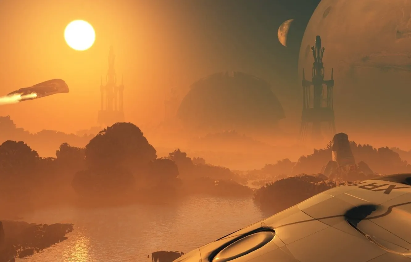 Wallpaper star, sky, water, spaceship, planet, towers, new space for ...