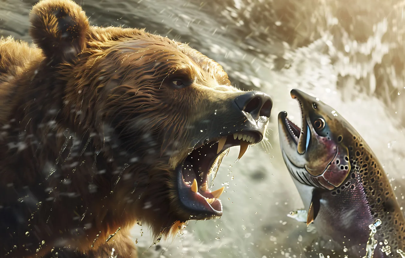 Wallpaper face, water, fishing, fish, predator, bear, mouth, fangs for ...