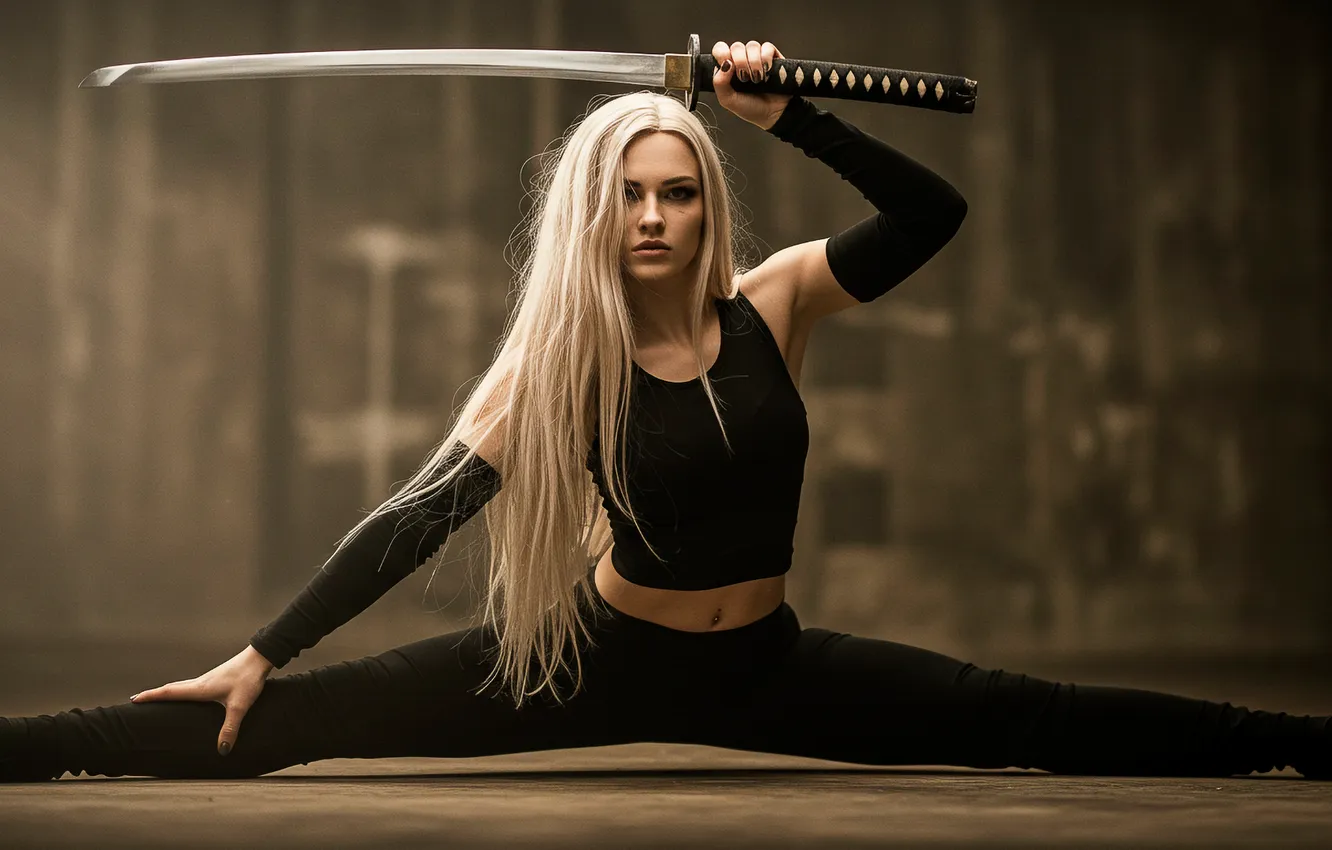 Wallpaper girl, katana, art, girl, twine, art, katana, splits for mobile and desktop, section ии ...