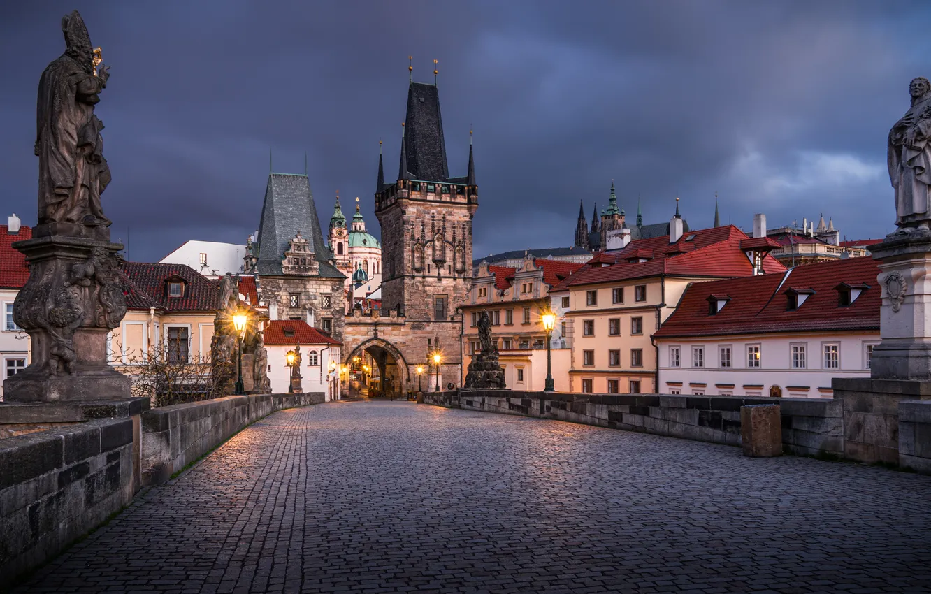 Wallpaper bridge, building, tower, home, Prague, Czech Republic, statue ...