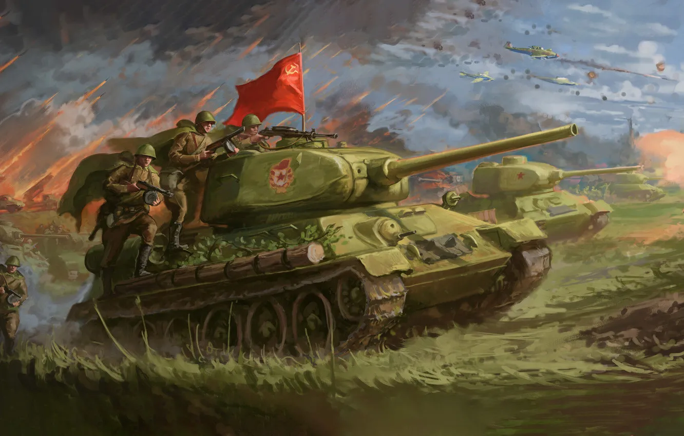 Wallpaper art, soldiers, tank, USSR, the plane, WWII, The great ...
