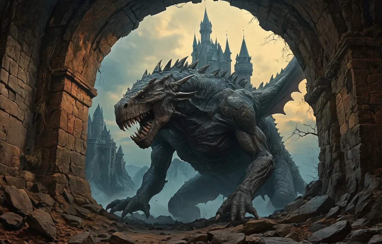 Wallpaper castle, dragon, arch for mobile and desktop, section ии арт ...