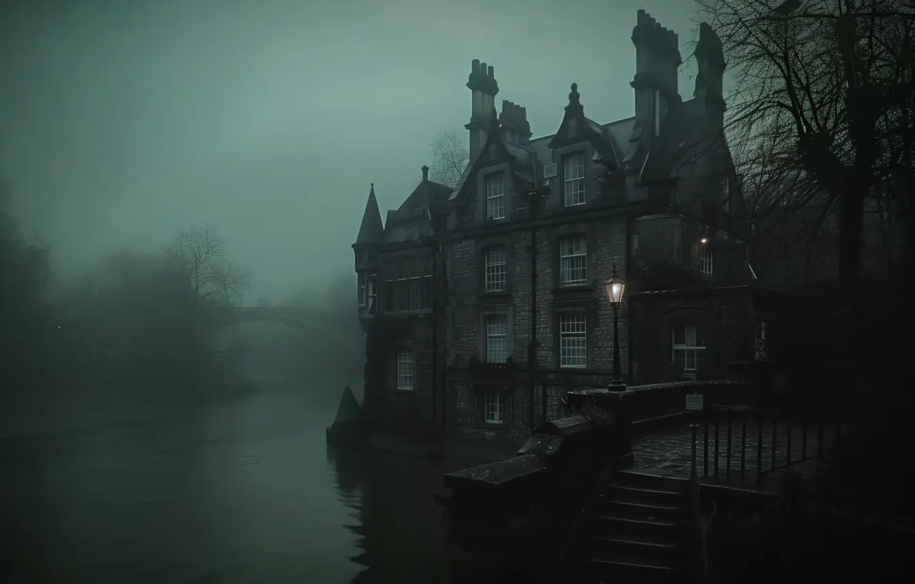 Wallpaper dark, house, lake, fog, castle, mist for mobile and desktop ...