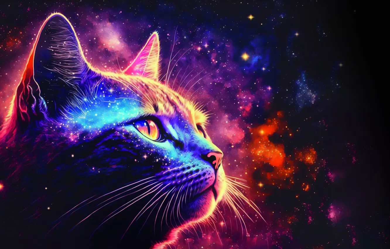 Wallpaper face, stars, cat, neon, galaxy, meow for mobile and desktop ...
