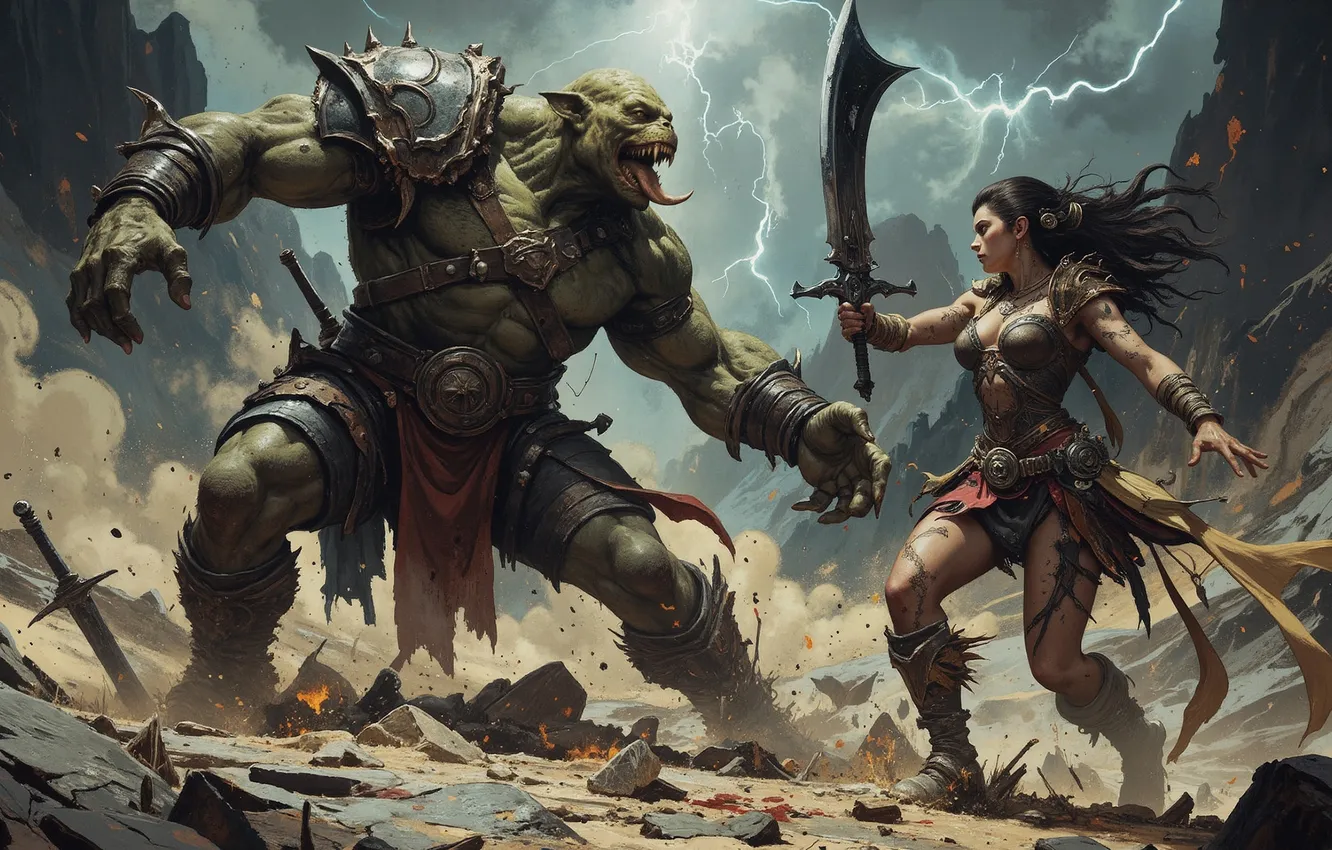 Wallpaper girl, weapons, lightning, battle, Orc, digital art, digital art, artificial ...