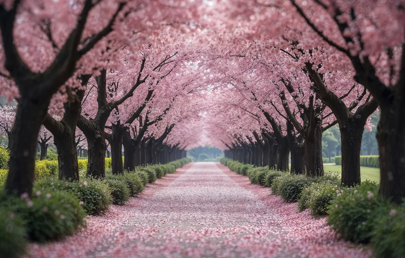 Wallpaper trees, Park, spring, Sakura, alley, flowering, trees, pink ...