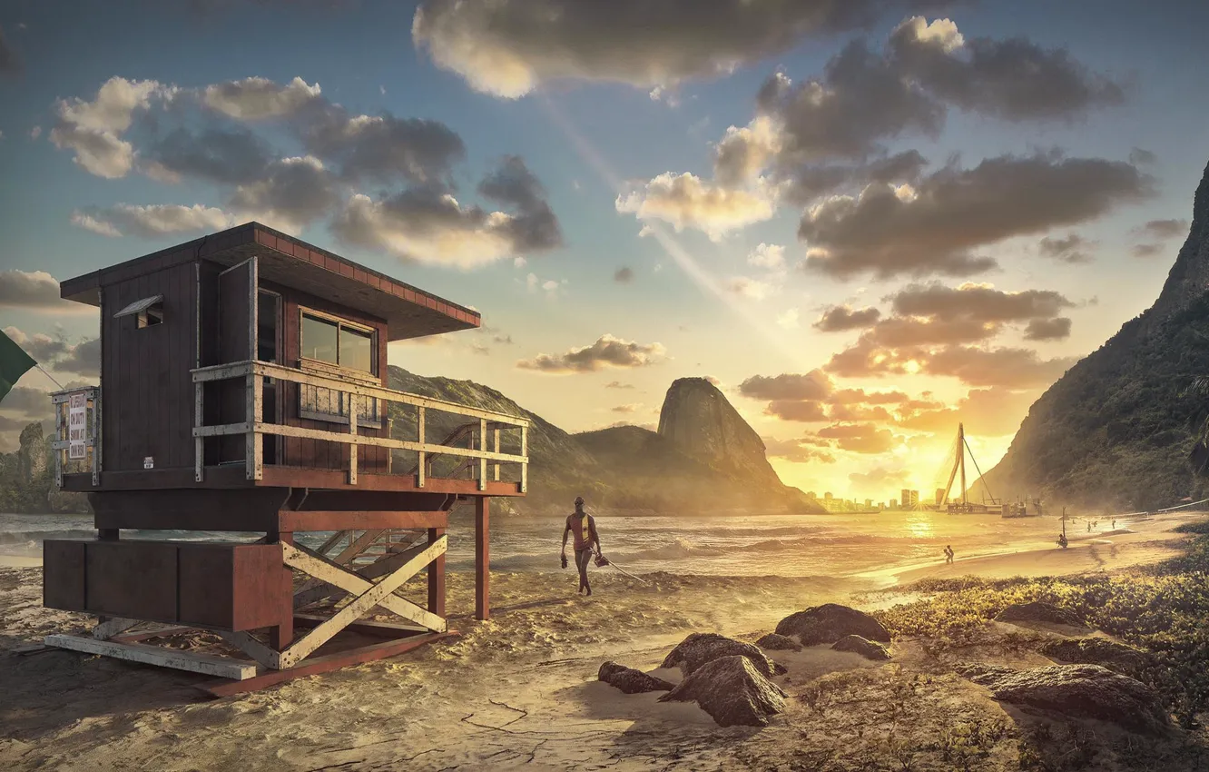 Wallpaper beach, mountains, building, Lifeguard Post for mobile and ...