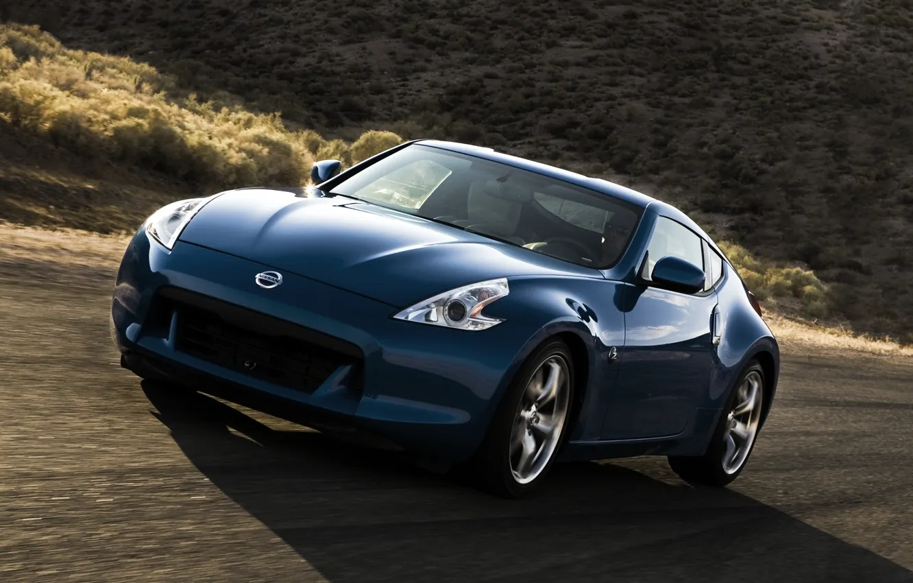 Wallpaper road, blue, Nissan, sports car, the bushes, Nissan, the front ...