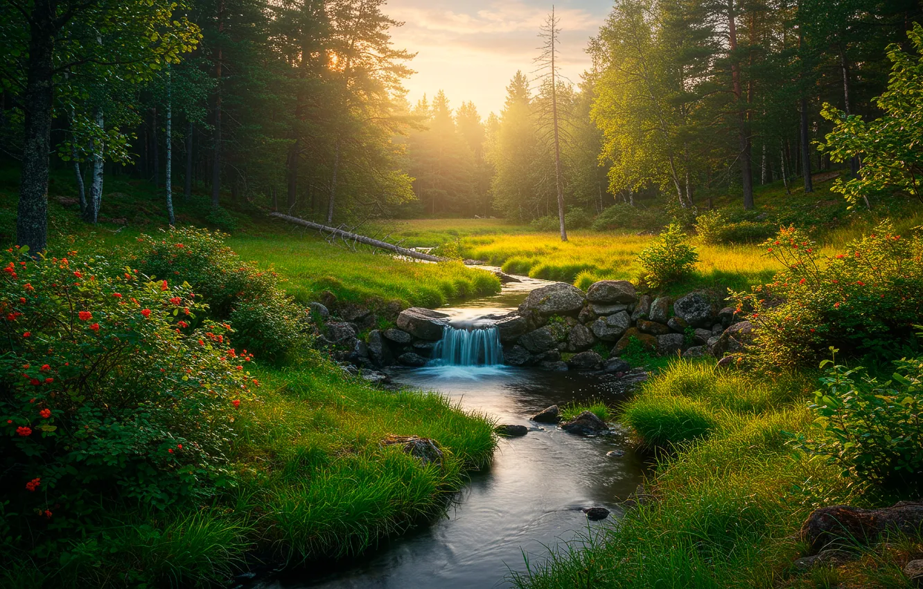 Wallpaper forest, summer, sunset, stream, glade for mobile and desktop ...