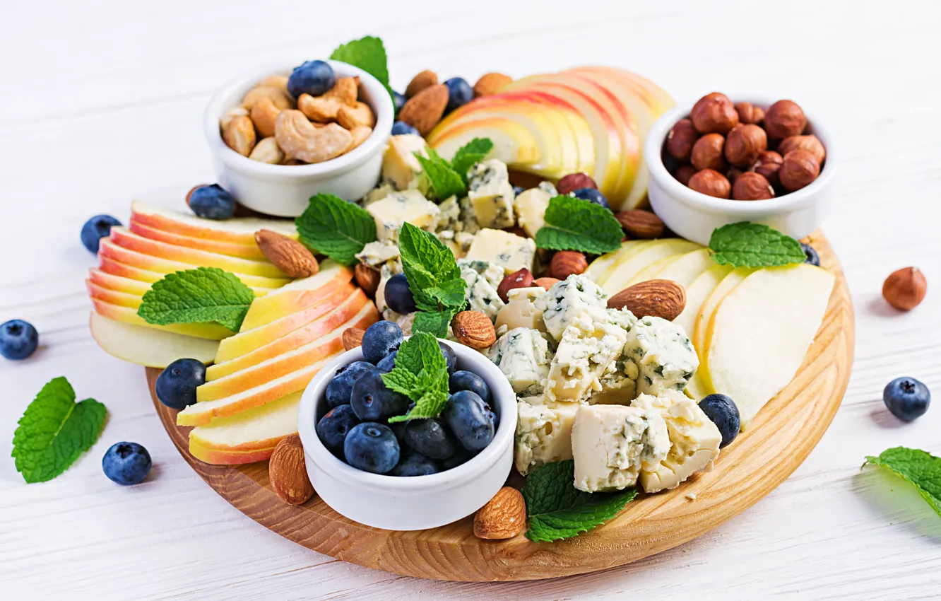 Wallpaper berries, apples, cheese, blueberries, fruit, nuts, cuts ...