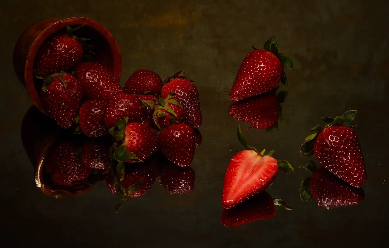 Wallpaper the dark background, still life, table, strawberry for mobile ...