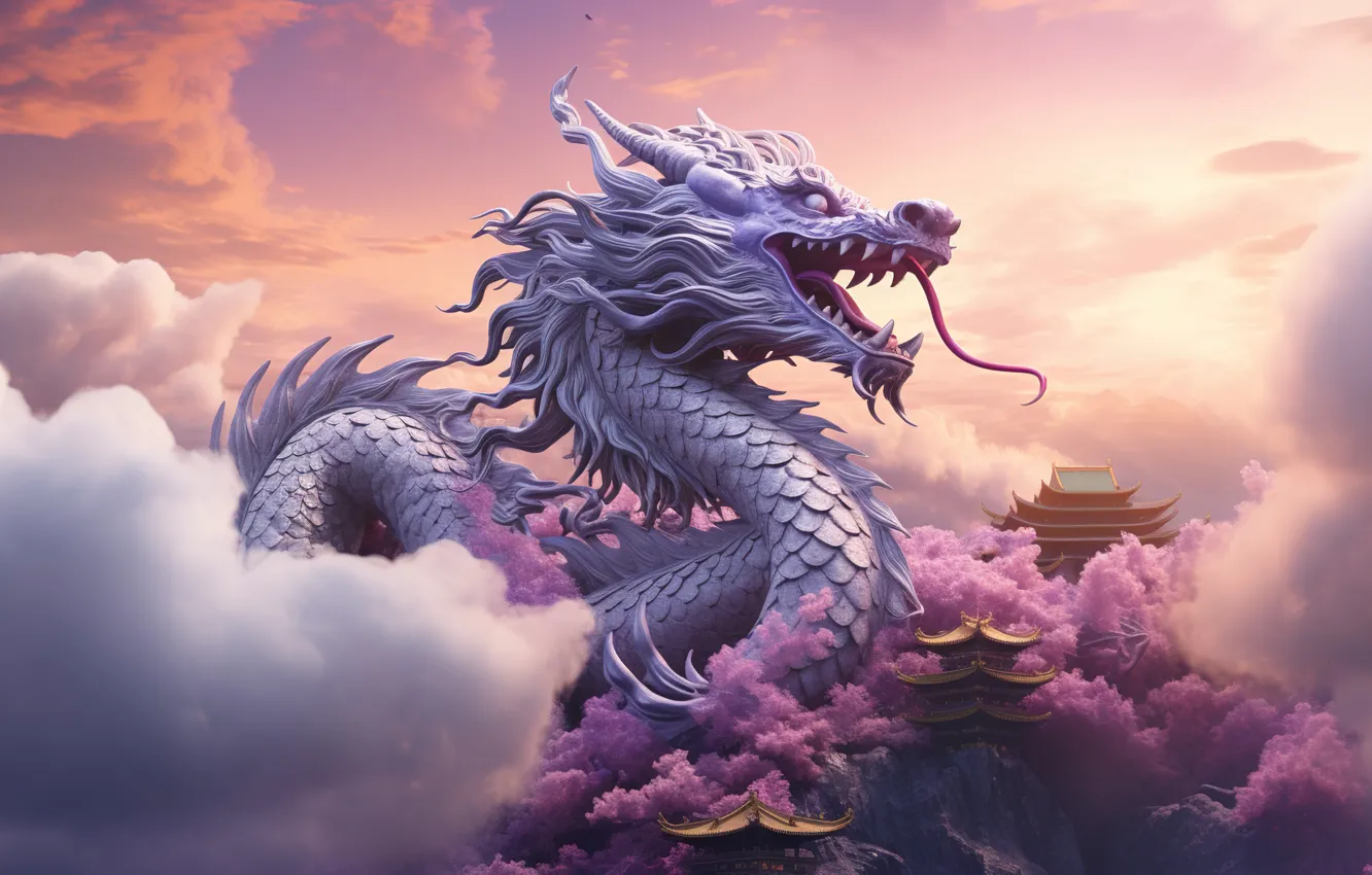 Wallpaper clouds, dragon, mystic, Sakura, temple, clouds, sakura ...