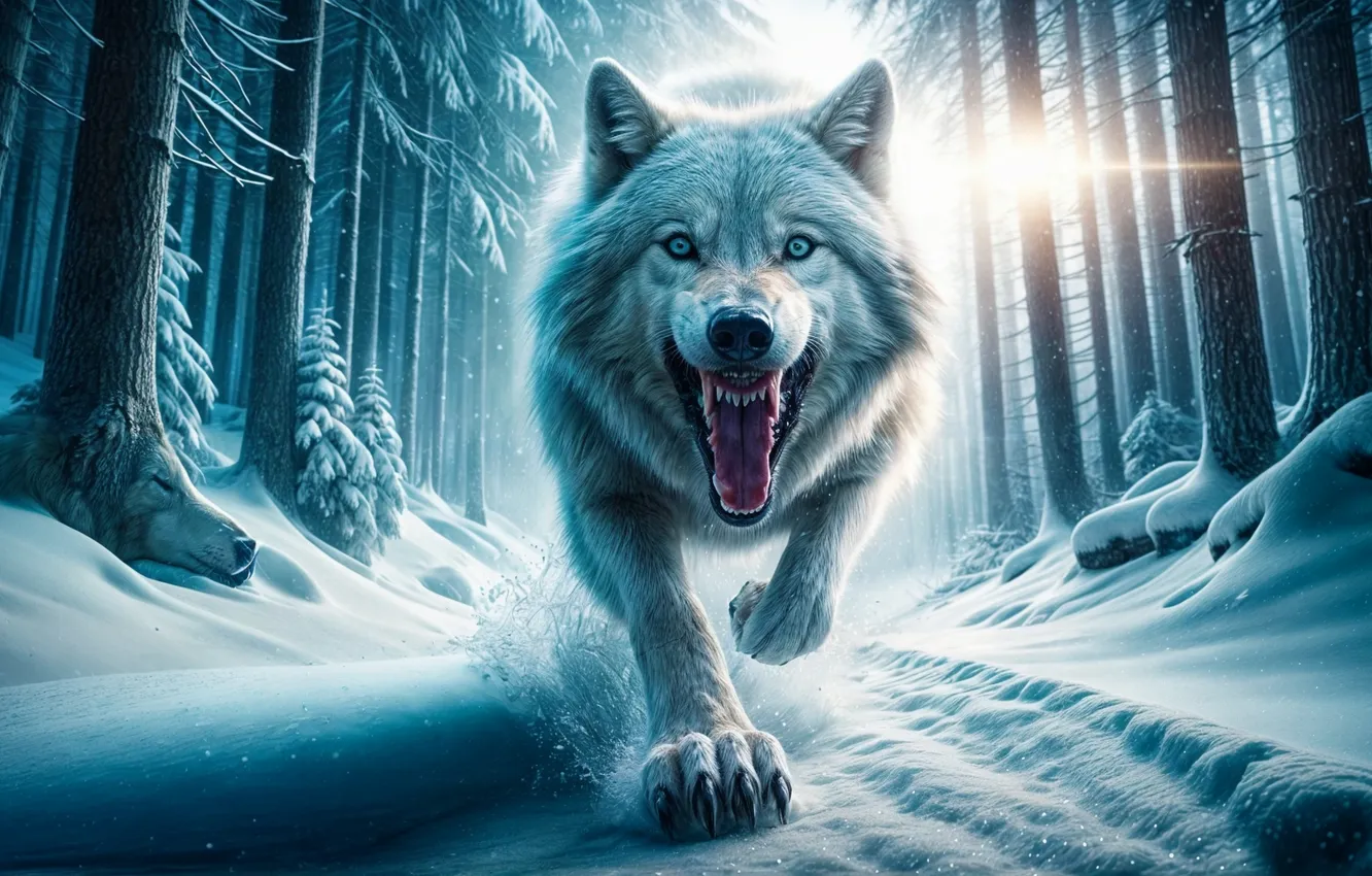 Wallpaper winter, forest, the sun, snow, wolf, trail, morning for ...