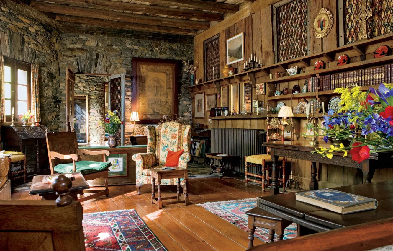 Wallpaper design, interior, library, living room, the castle of the ...