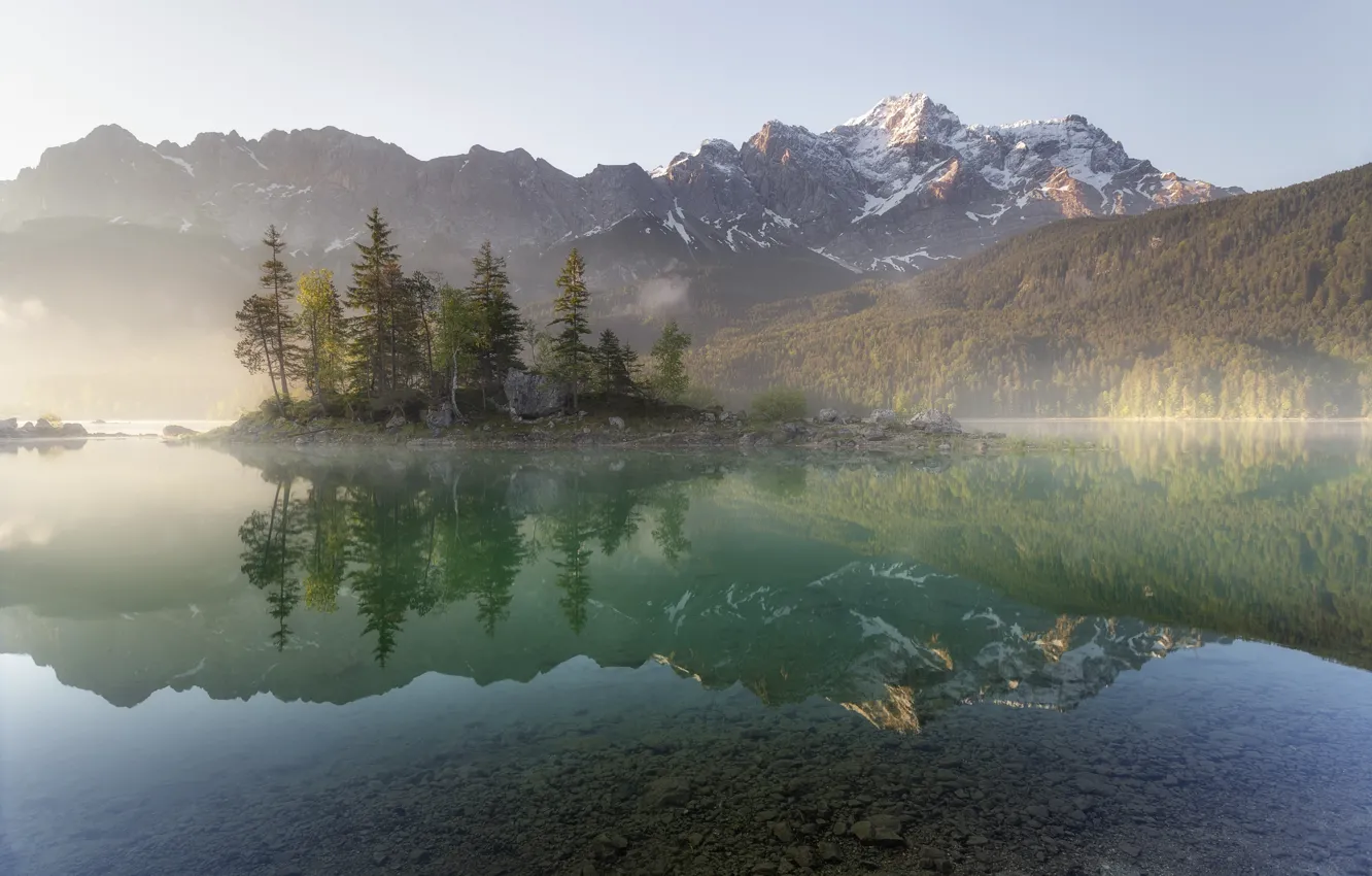 Wallpaper trees, mountains, fog, lake, reflection, hills, morning ...
