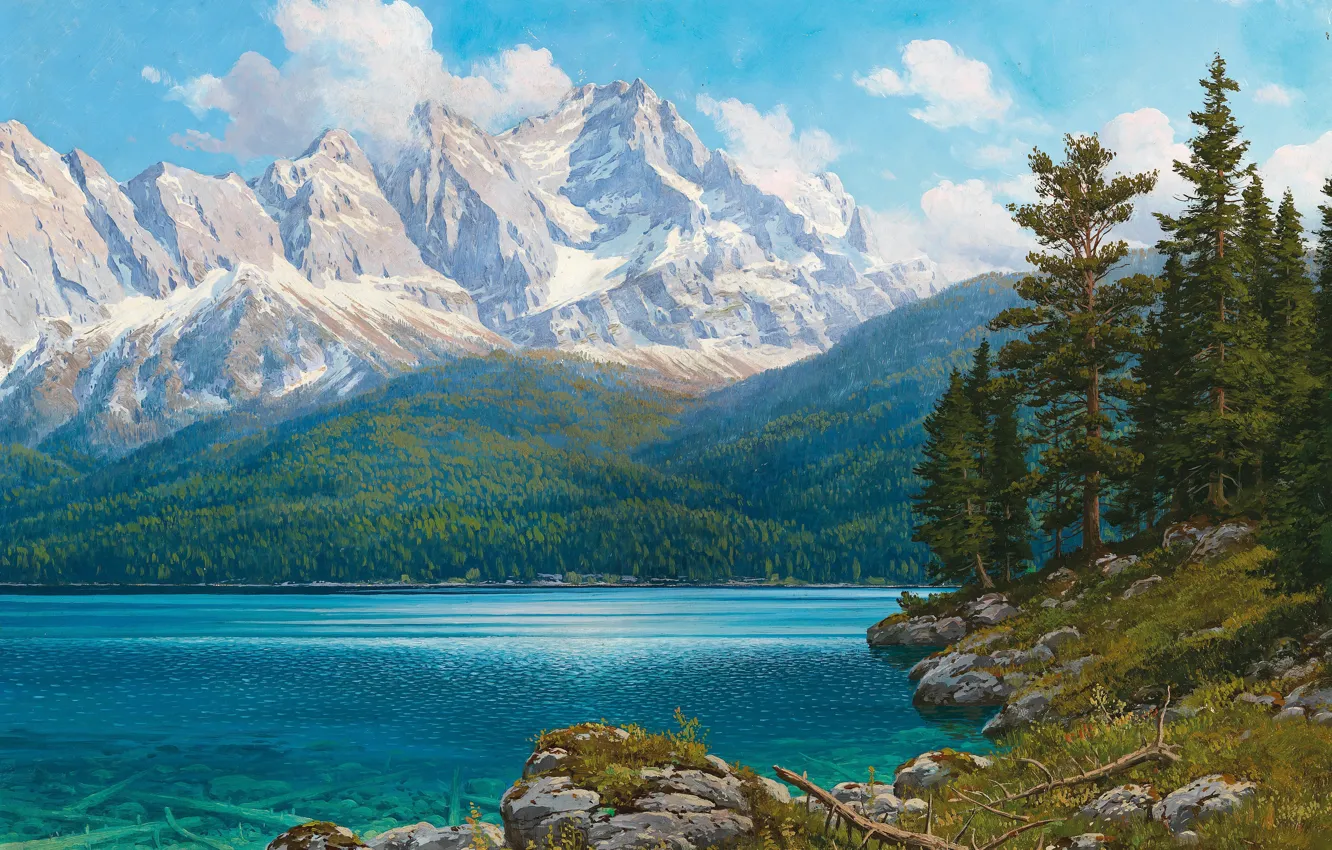 Wallpaper forest, landscape, mountains, lake, shore, blue, Rudolf Resch ...