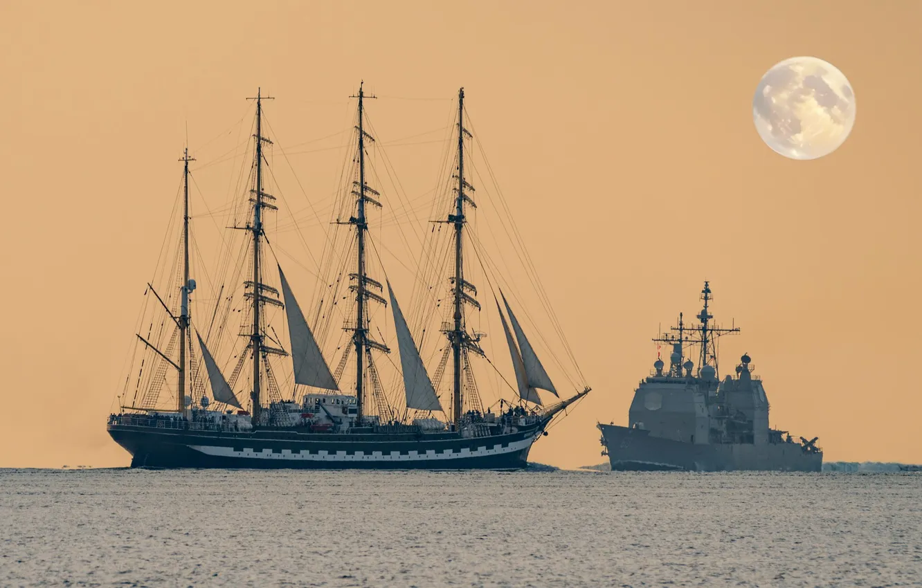 Wallpaper the moon, the cruiser USS Normandy, the Kruzenshtern sailboat ...