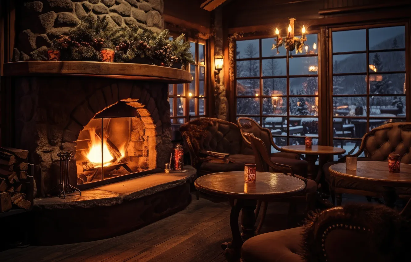 Wallpaper winter, snow, comfort, room, window, fireplace, winter, snow ...