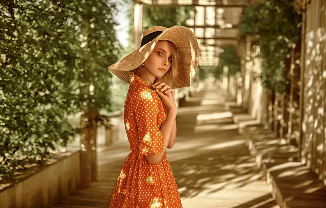 Wallpaper look, girl, pose, hat, dress, Dmitry Ponibudlas for mobile ...