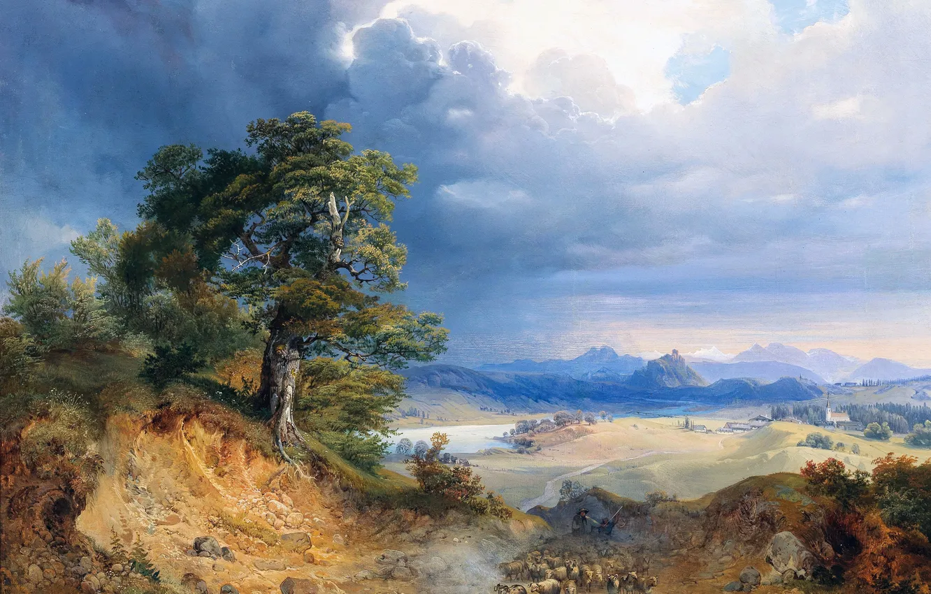 Wallpaper clouds, trees, picture, RAM, shepherd, Austrian painter ...