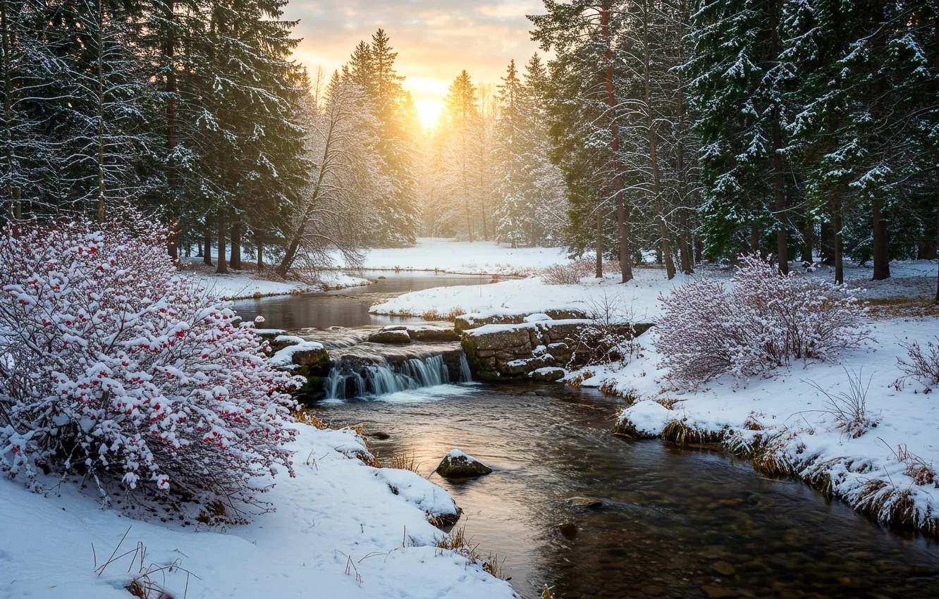 Wallpaper winter, forest, snow, stream, wallpaper, forest, winter, snow ...