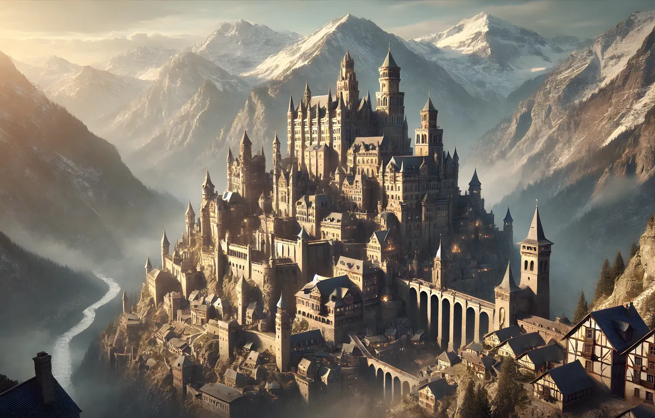 Wallpaper light, mountains, fog, river, castle, view, tower, height for ...