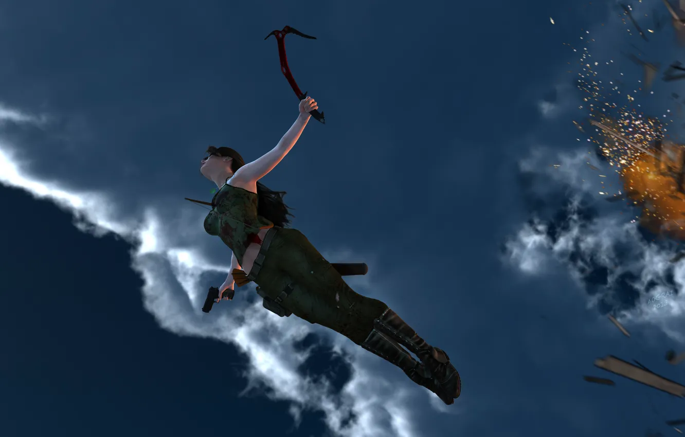 Wallpaper the sky, girl, flight, the explosion, fire, the game, art ...