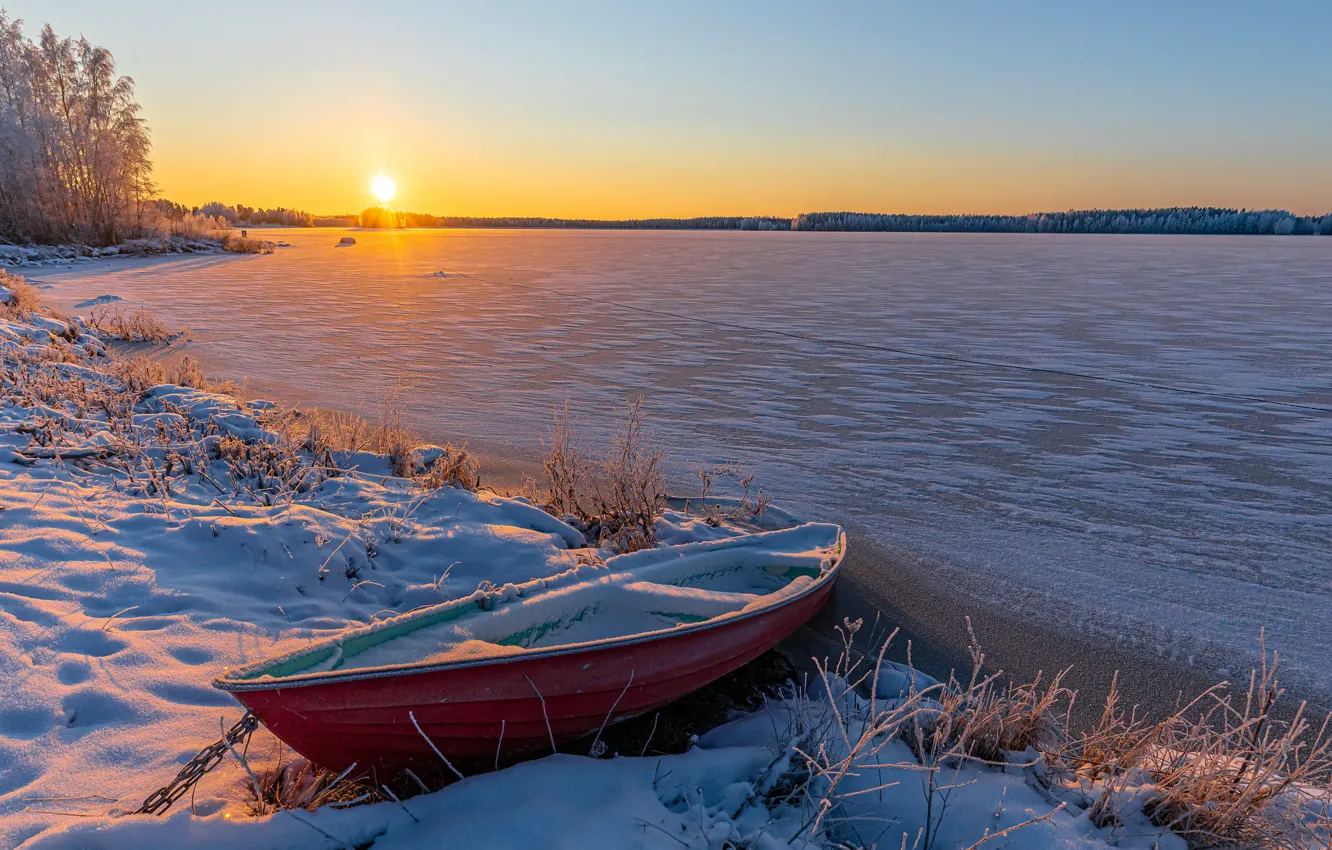 Wallpaper winter, shore, boat, morning for mobile and desktop, section ...