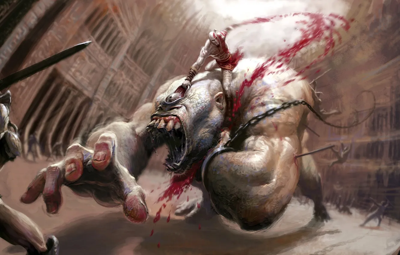Wallpaper eyes, blood, monster, chain, hall, warriors, God of War ...