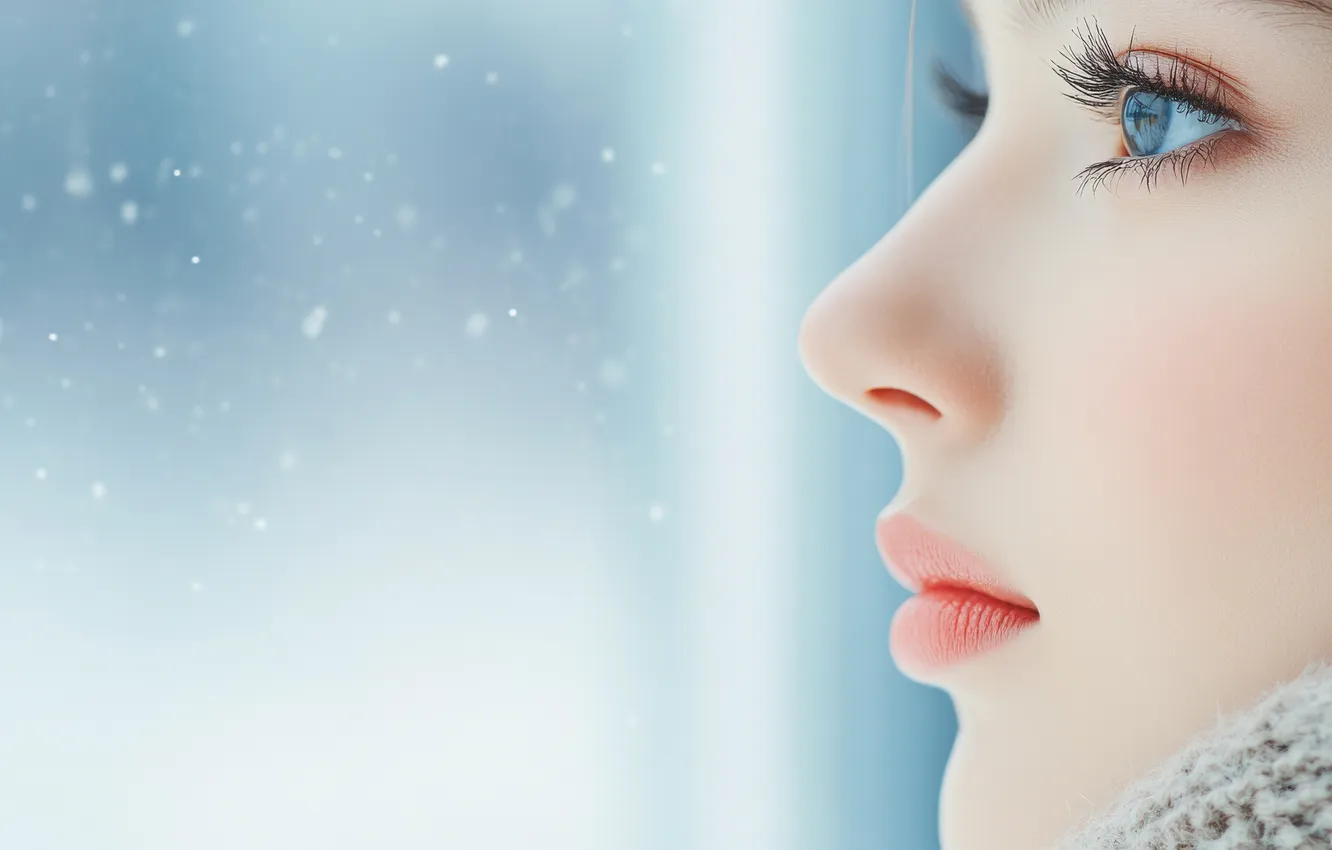 Wallpaper winter, look, girl, snow, face, profile, snowfall, AI art for ...