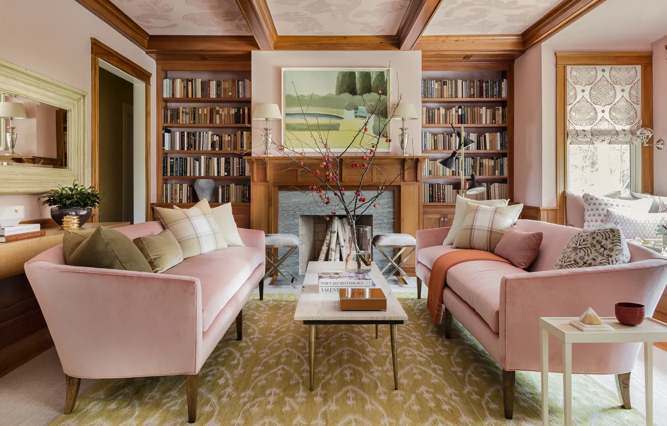 Wallpaper design, style, interior, fireplace, library, living room for ...