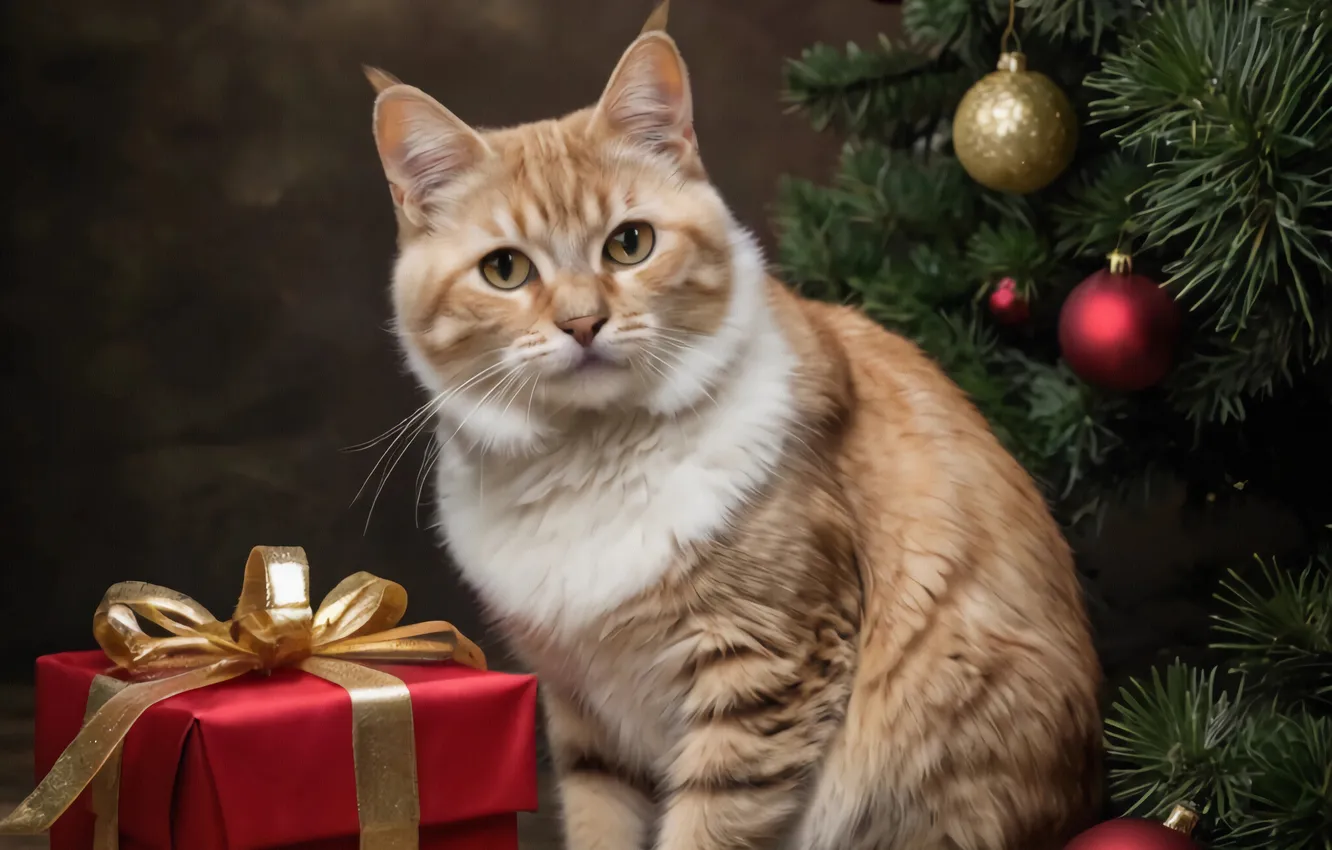 Wallpaper cat, cat, look, balls, pose, gift, red, Christmas for mobile ...