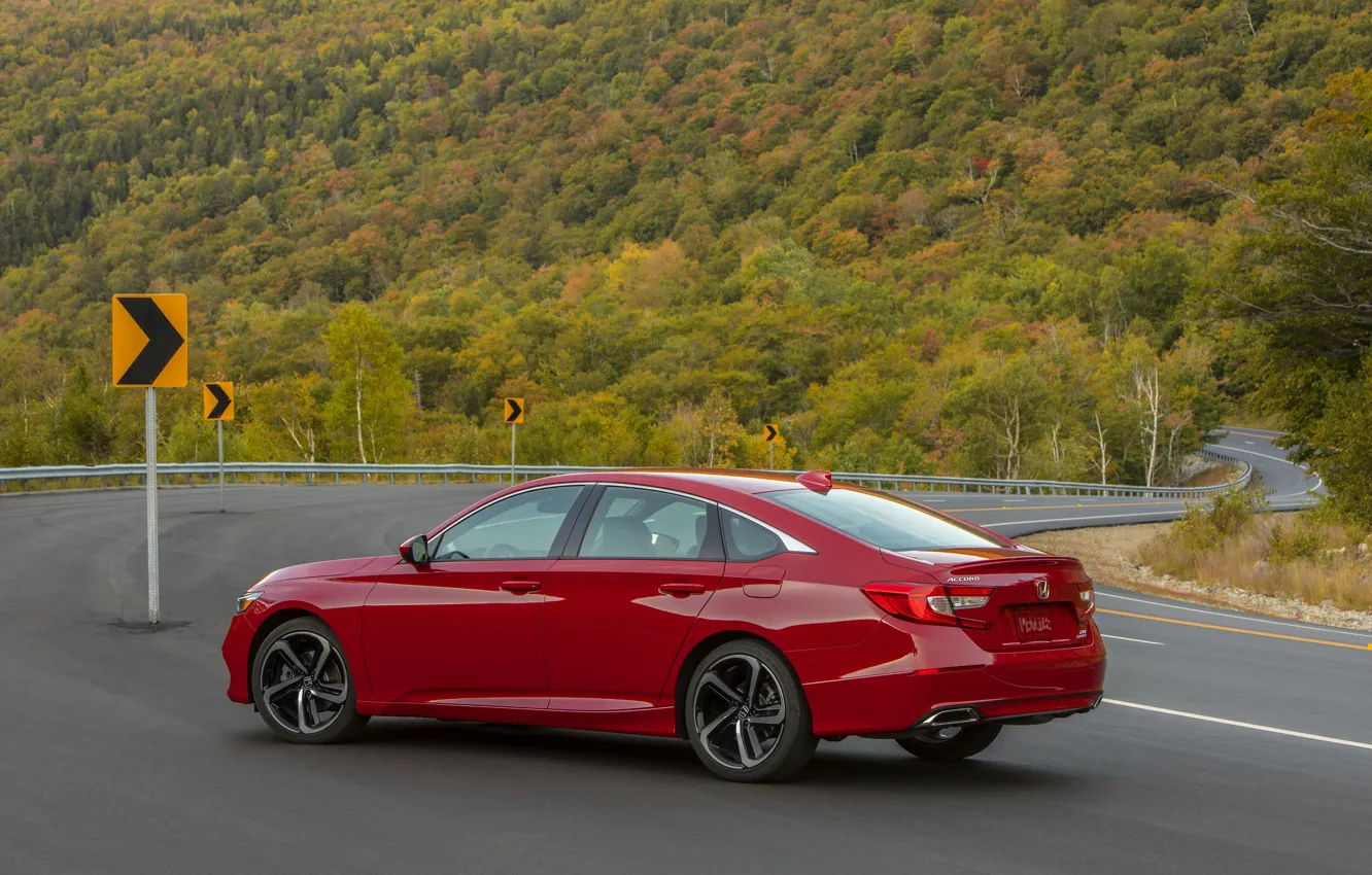 Wallpaper road, forest, red, slope, signs, Honda, Accord, sedan for ...
