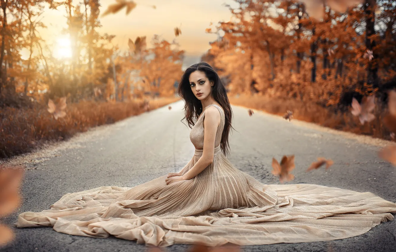 Wallpaper Road Autumn Look Leaves Girl The Sun Nature Face