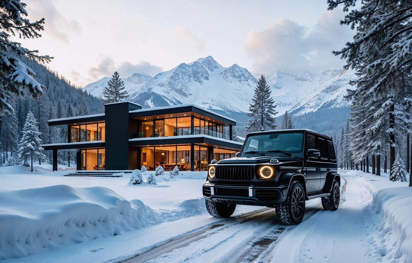 Wallpaper winter, car, forest, snow, mountains, house, tree, forest for ...