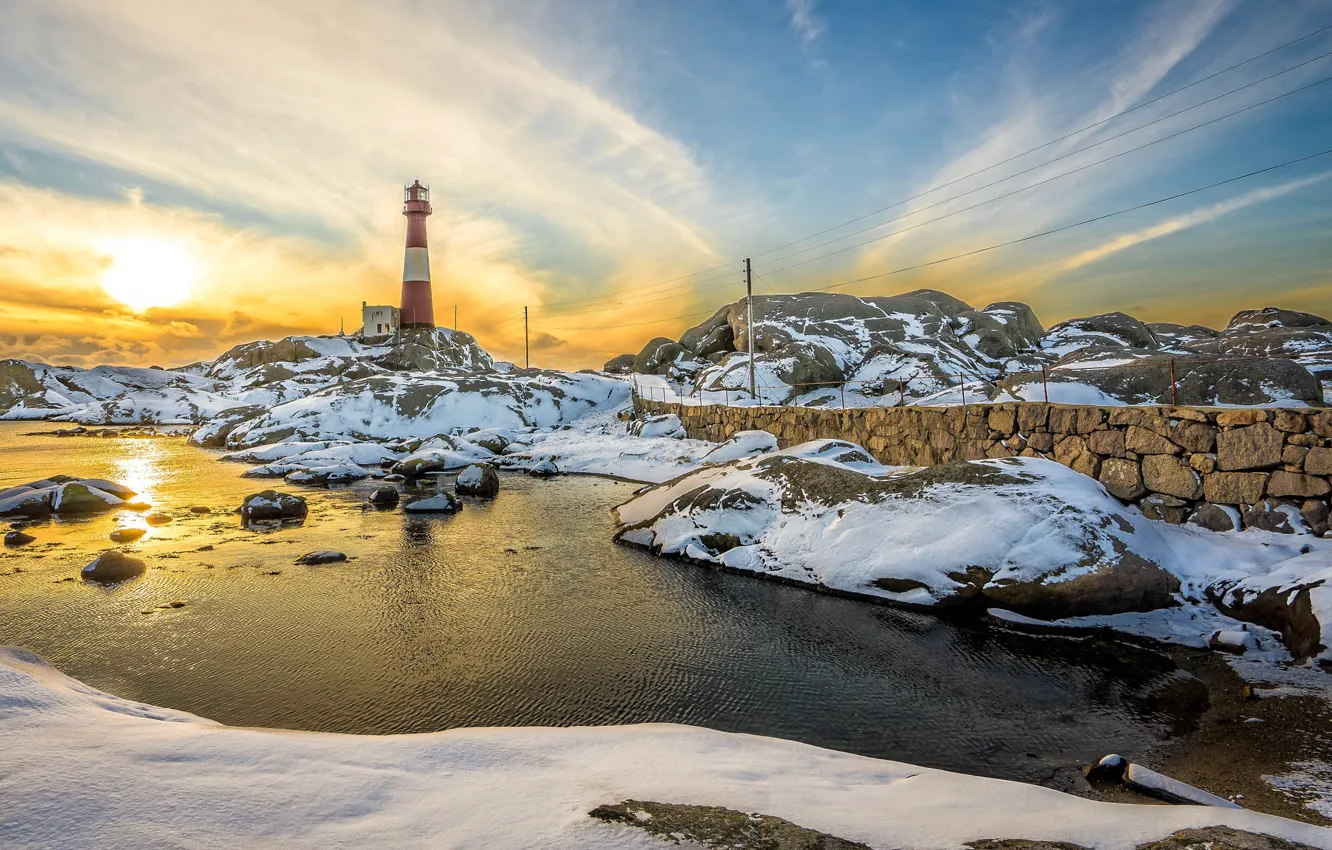 Wallpaper sunset, snow, lighthouse, pond for mobile and desktop ...