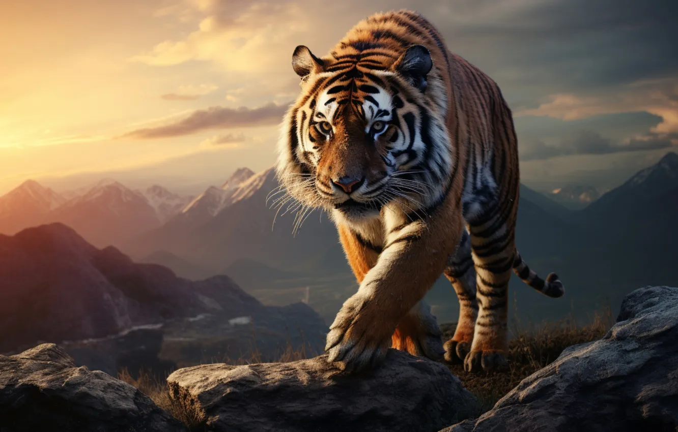 Wallpaper the sky, look, face, clouds, light, mountains, nature, tiger ...